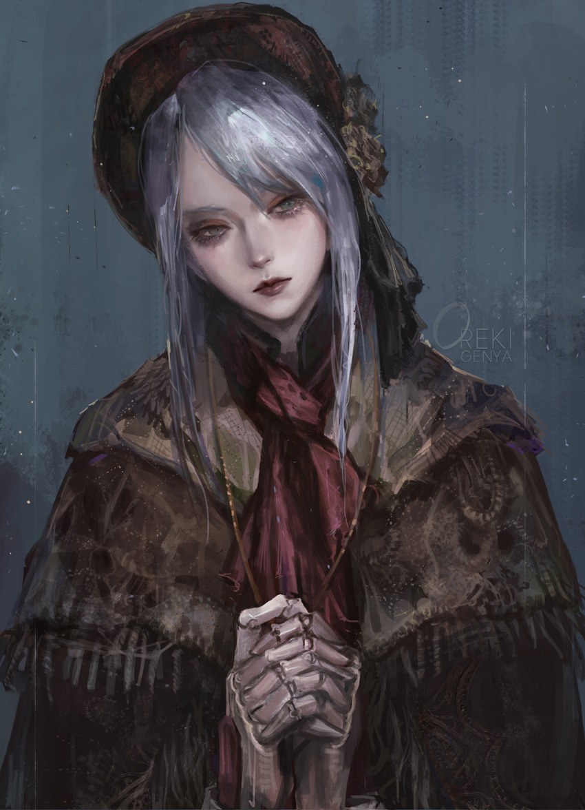 Safebooru - 1girl ascot bloodborne bonnet brown cloak brown eyes cloak doll joints eyeshadow ...