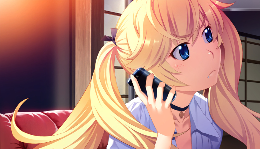 Safebooru - 1girl black choker black ribbon blonde hair blue eyes blush cellphone cellphone ...