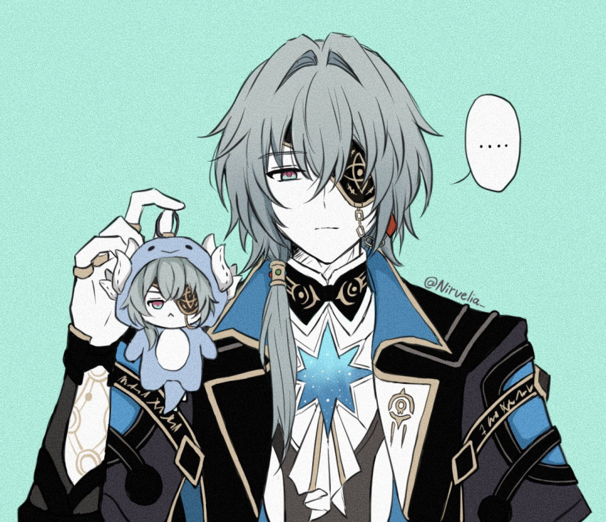 Safebooru - ... 1boy anaxa (honkai: star rail) aqua background aqua hair black jacket blue eyes ...