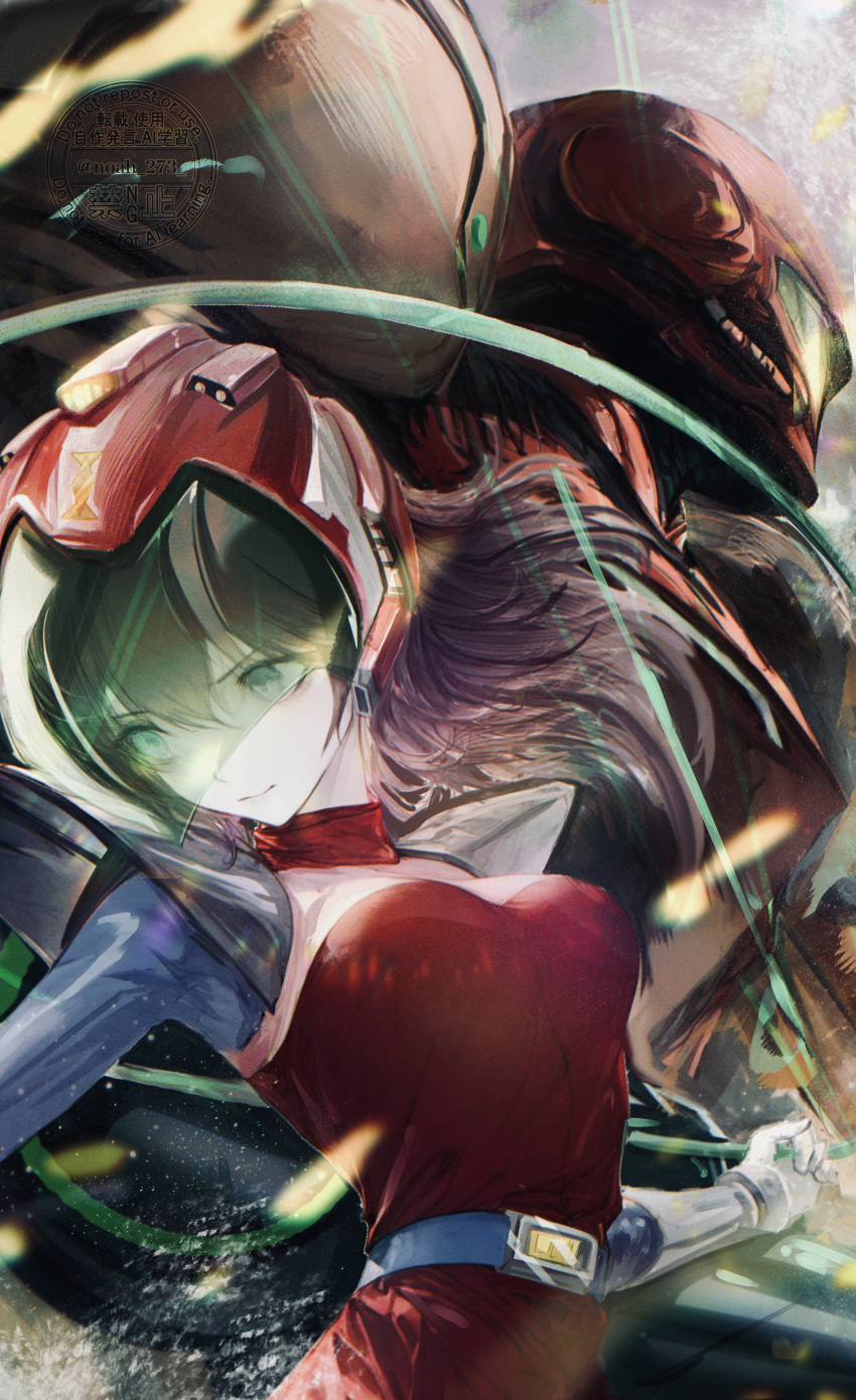 Safebooru - 2girls absurdres armor brown hair commentary commission crossover elbow gloves faux ...