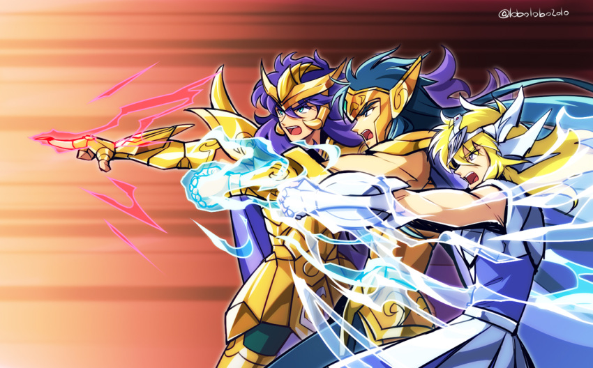Safebooru - 3boys aiming aquarius camus arm shield armor aura aurora ...