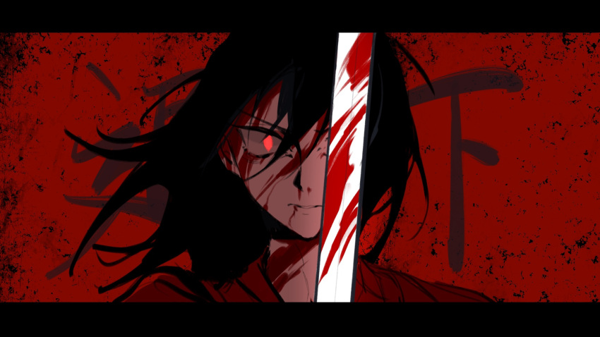 Safebooru - 1boy black hair bleeding blood blood on face blood on neck blood on weapon blood ...