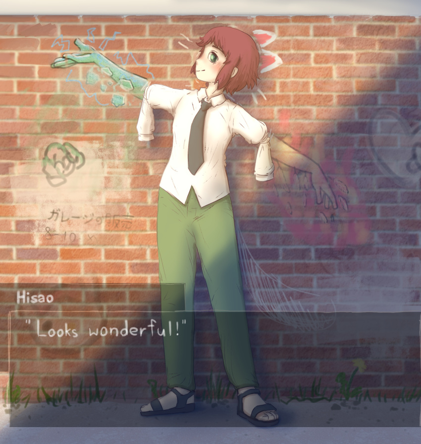 Safebooru - 1girl amputee androgynous armless amputee black necktie black sandals blush brick ...