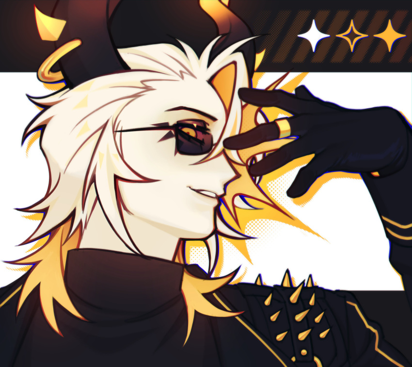 Safebooru - 1boy absurdres black gloves black horns black jacket black sweater blonde hair ...