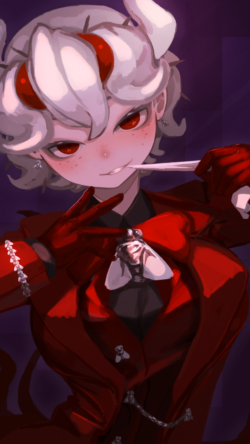 Safebooru - 1girl beelzebub (helltaker) demon girl demon horns freckles helltaker highres horns ...