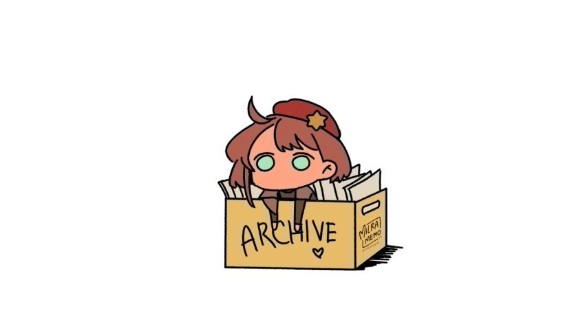 Safebooru - 1girl beret blue eyes box brown hair brown jacket chibi ...