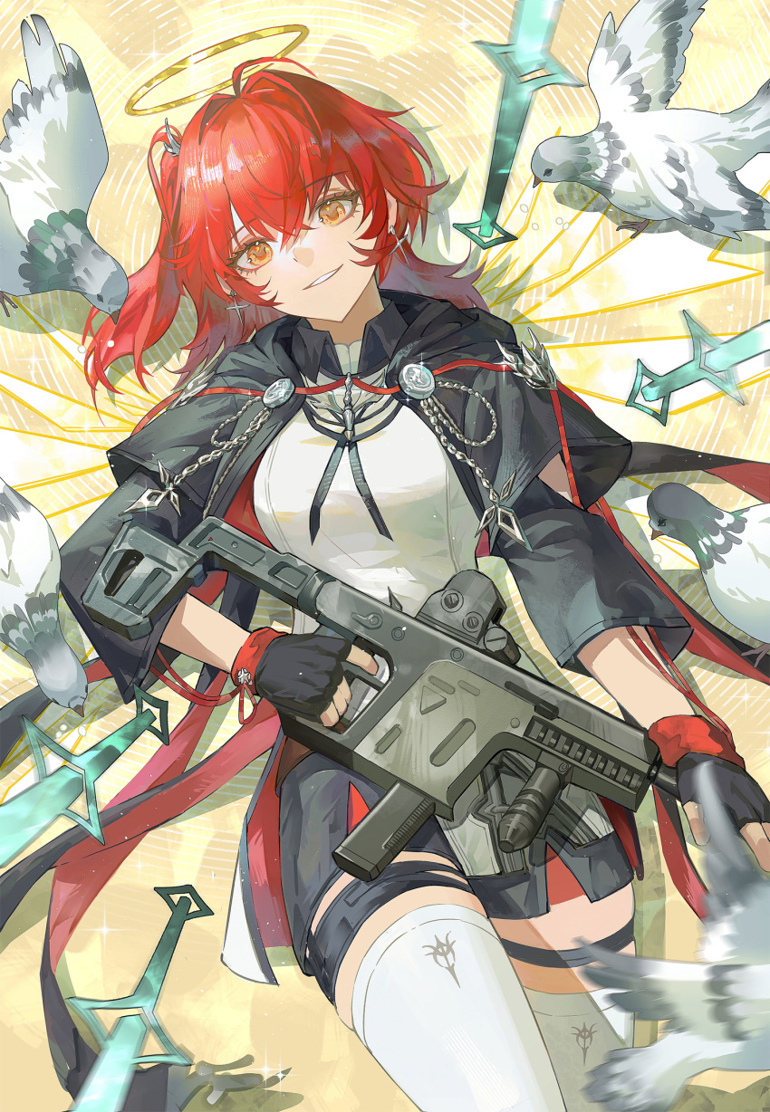 Safebooru - 1girl animal arknights bird black gloves commentary cowboy shot cross cross earrings ...