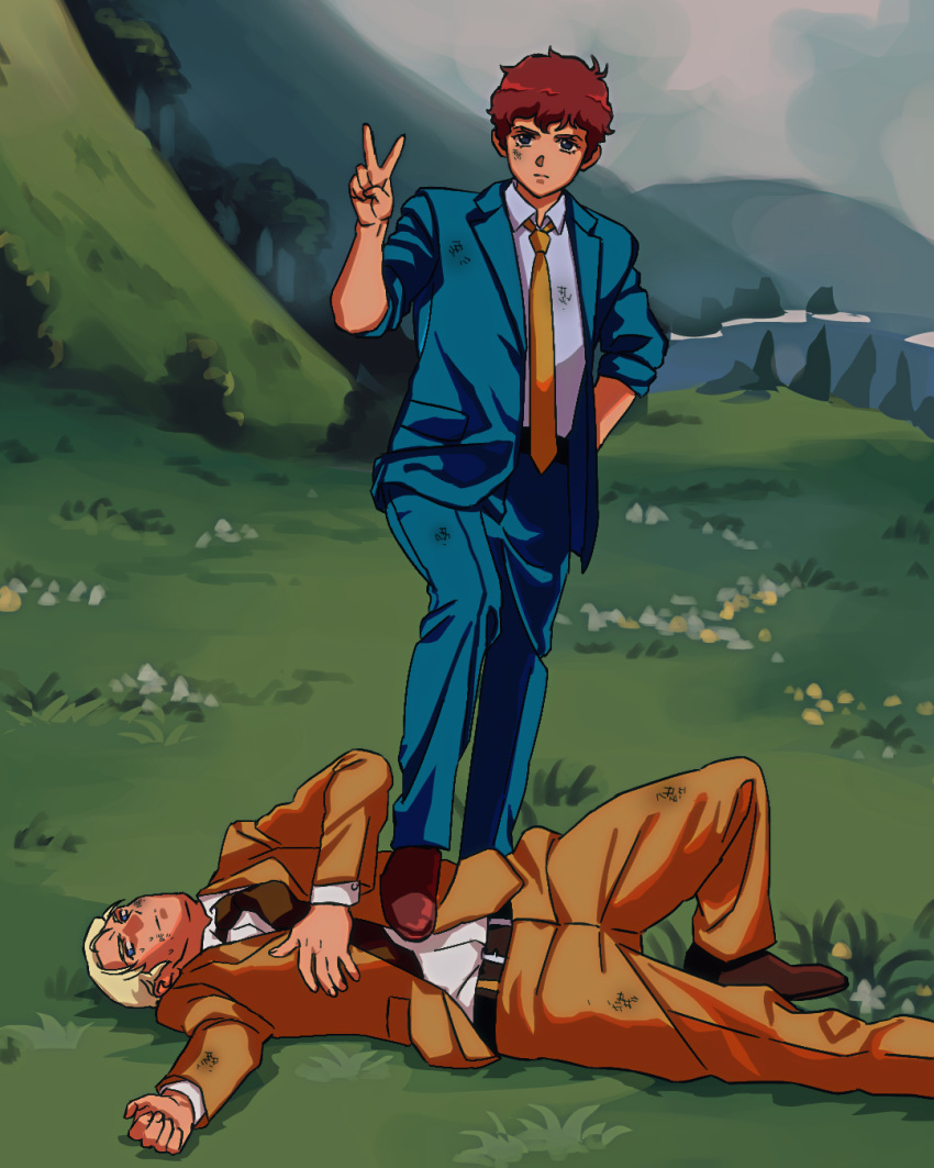 Safebooru - 2boys amuro ray arm behind back belt black belt black necktie blonde hair blue eyes ...