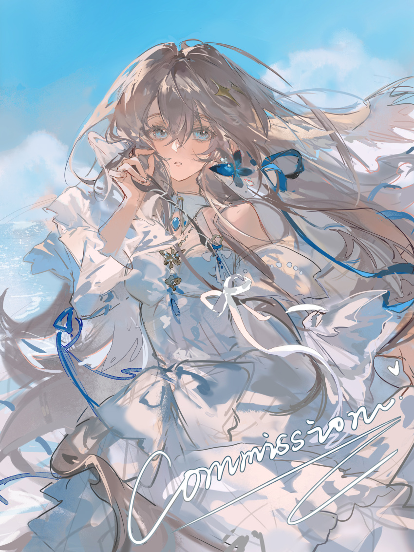 Safebooru - 1girl absurdres bare shoulders blue eyes blue gemstone breasts brown hair clouds ...