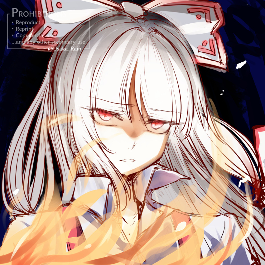 Safebooru - 1girl blue background blunt bangs bow collared shirt commentary request fire ...