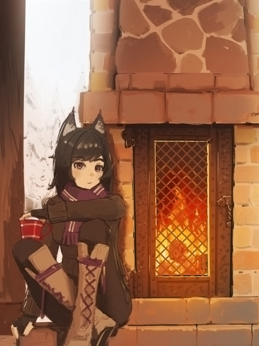 Safebooru - 1girl :/ absurdres animal ears arm on knee black coat black hair black pants boots ...