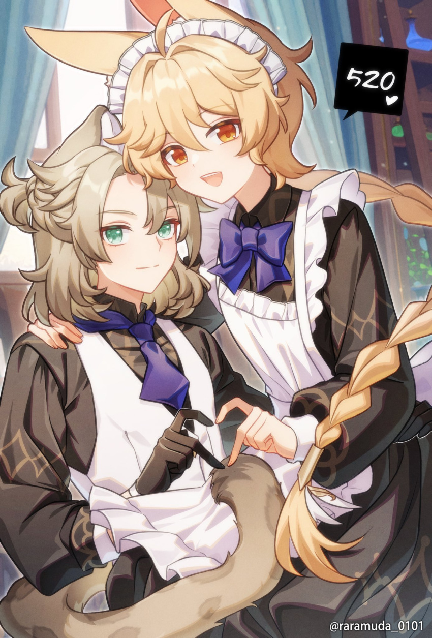 Safebooru - 2boys aether (genshin impact) albedo (genshin impact) animal ears apron black gloves ...