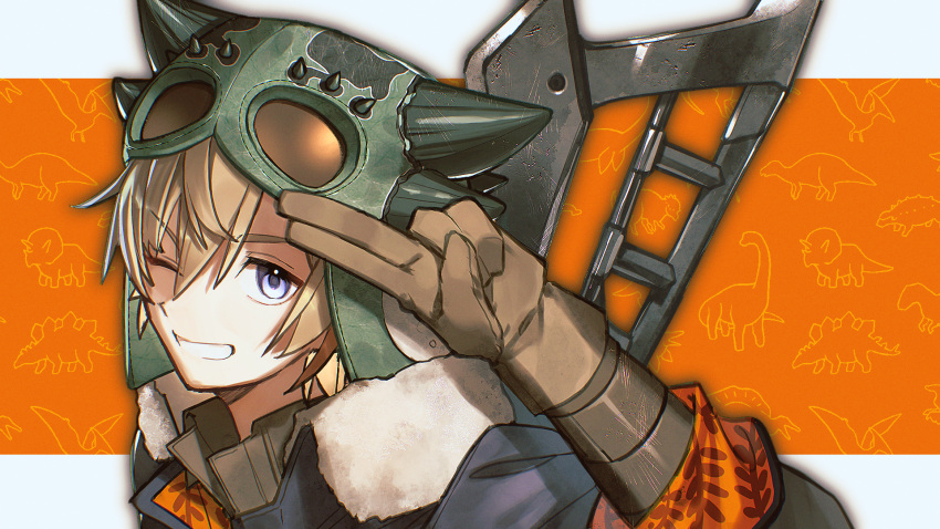 Safebooru - 1boy aviator cap axe black jacket blonde hair blue eyes brown gloves commentary ...