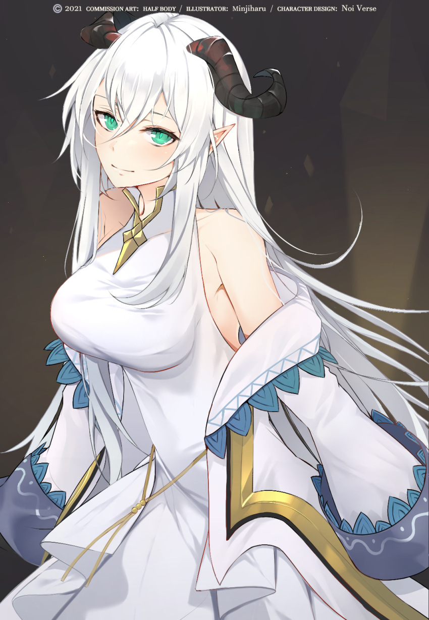 Safebooru - 1girl 2021 artist name bare shoulders black horns breasts coat commission dragon ...