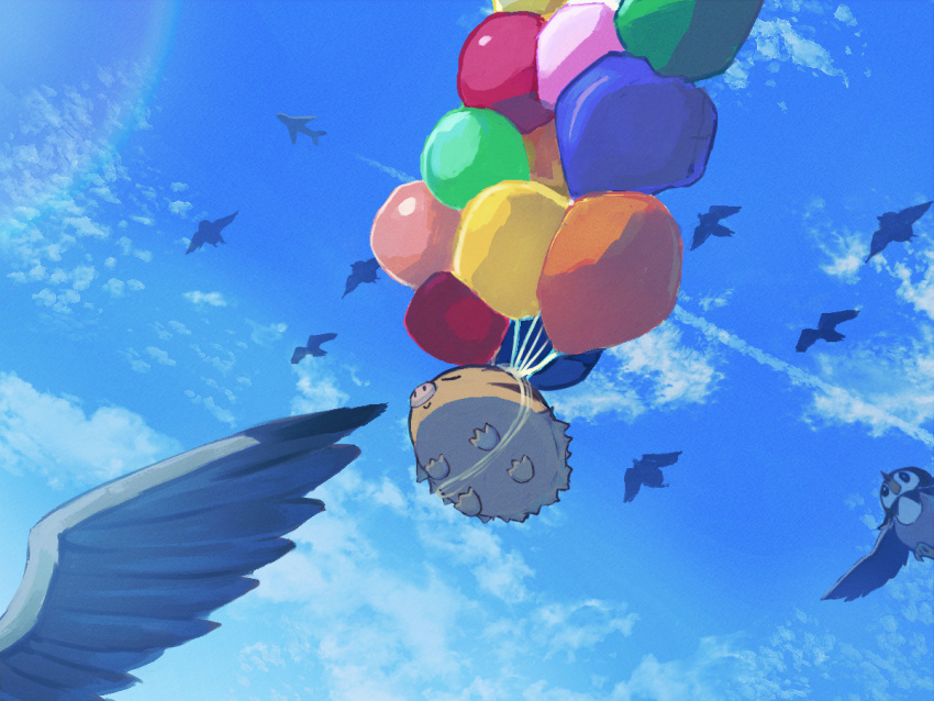 Safebooru - aircraft airplane balloon closed eyes closed mouth clouds commentary request day ...