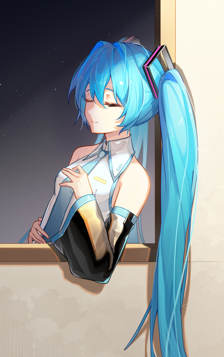 Safebooru - 1girl absurdres aqua hair bare shoulders black sleeves breasts closed eyes closed ...