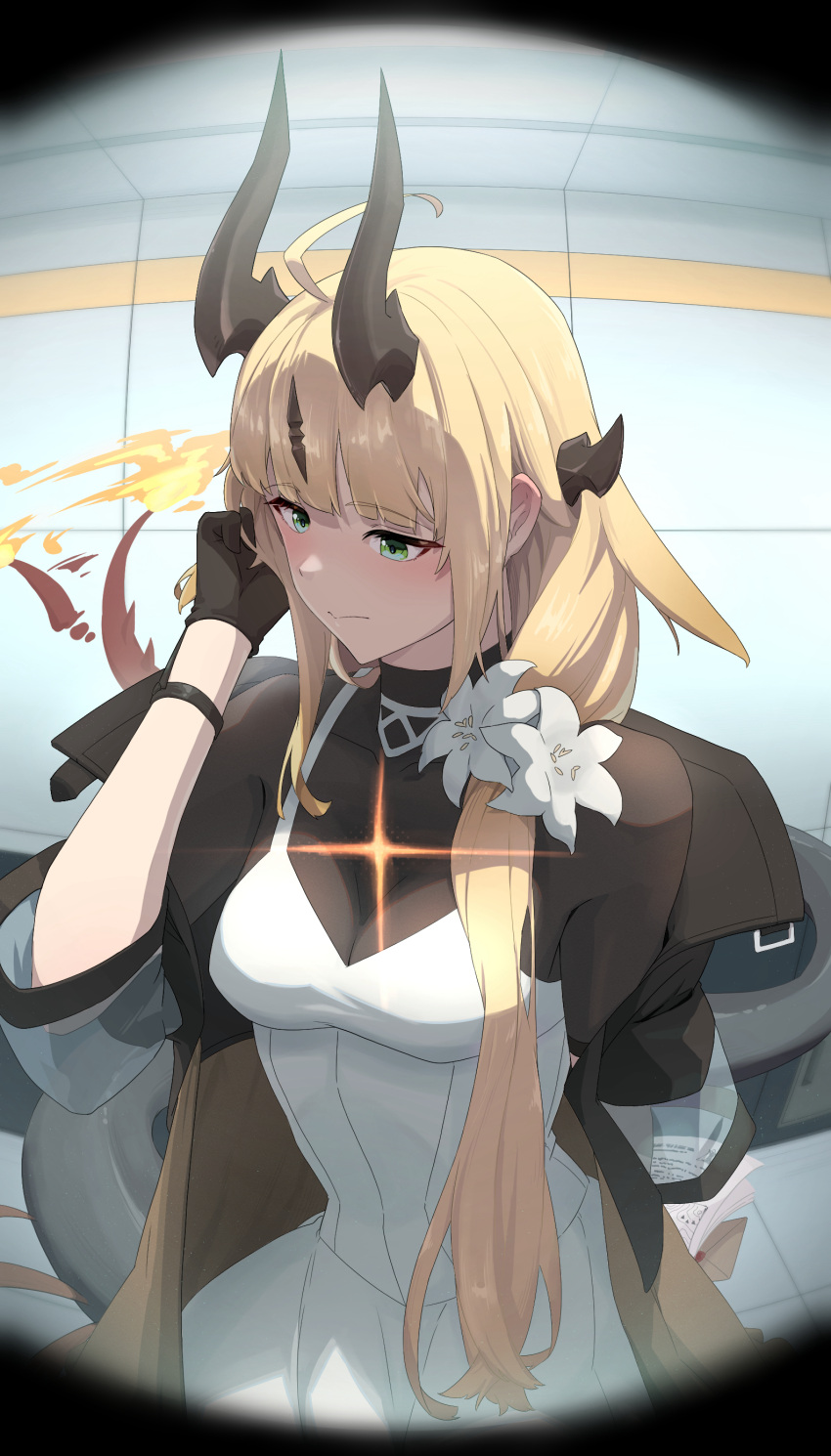 Safebooru - 1girl absurdres afterimage ahoge arknights black gloves black horns black jacket ...