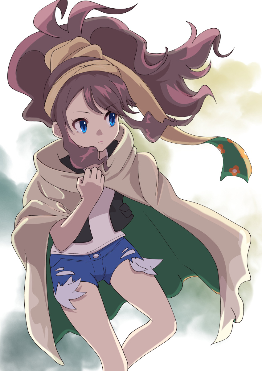 Safebooru - 1girl absurdres black jacket blue eyes blue shorts brown cloak brown hair brown ...
