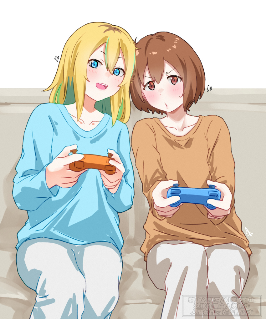 Safebooru - 2girls absurdres blonde hair blue eyes blue shirt blush brown hair brown shirt ...