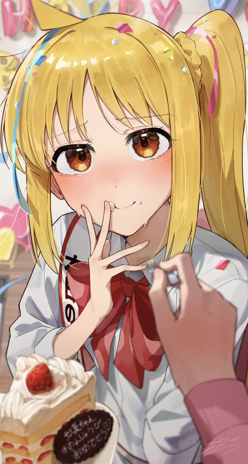 Safebooru - 2girls absurdres ahoge blonde hair blush bocchi the rock! bow bowtie cake closed ...