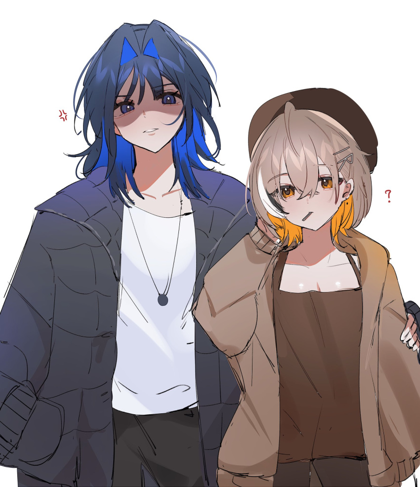 Safebooru - 2girls ? ahoge anger vein arm around shoulder beret black ...