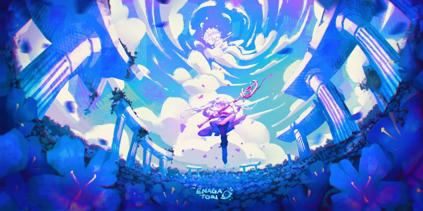 Safebooru - 1girl absurdres arch blue flower blue sky blue theme capelet chromatic aberration ...