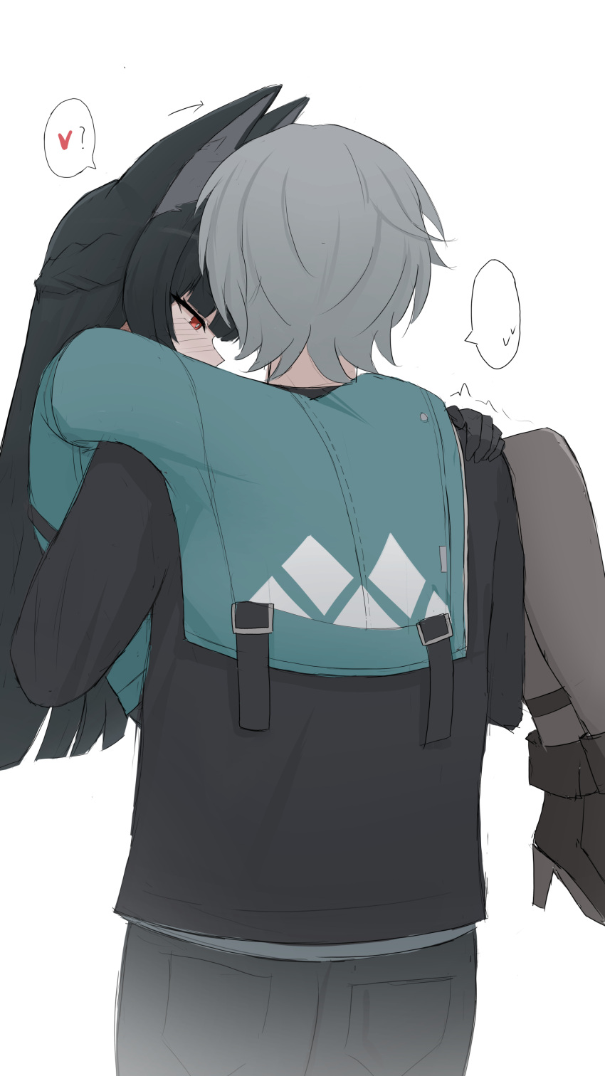 Safebooru - 1boy 1girl absurdres animal ears aqua jacket black hair black shirt blush carrying ...