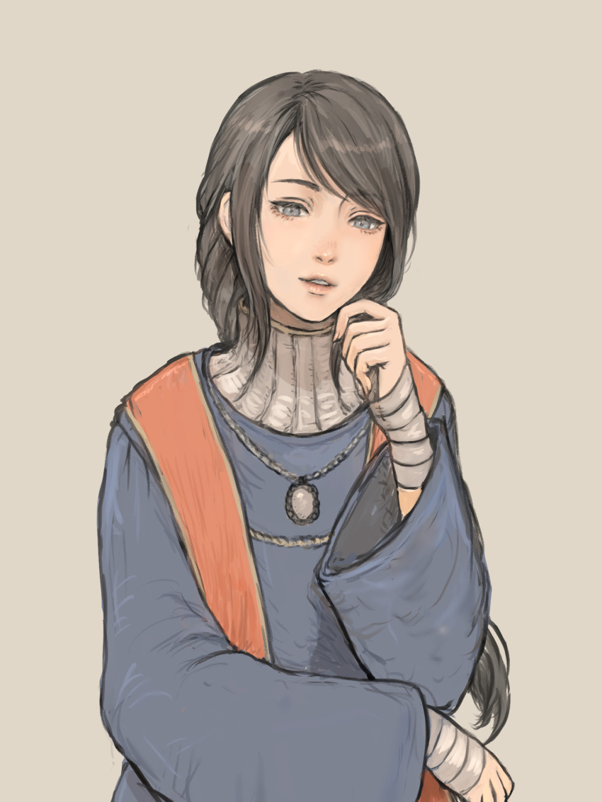 Safebooru - 1girl arm up asymmetrical bangs bandaged hand bandages black hair blue eyes blue ...