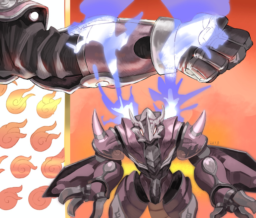 Safebooru - 1boy absurdres agnimon armor blue fire clenched hand ...