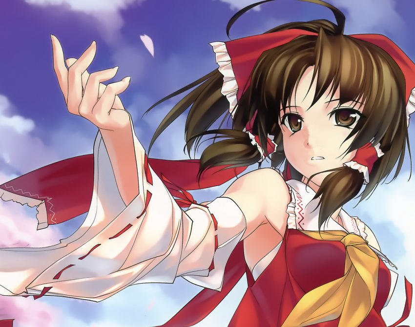 Safebooru - armpits brown eyes brown hair cherry blossoms detached sleeves hakurei reimu hands ...