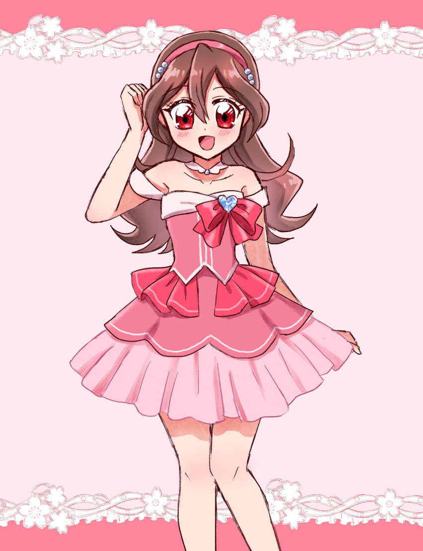 Safebooru - 1girl :d bare arms bare legs blush brown hair choker collarbone dress hair between ...