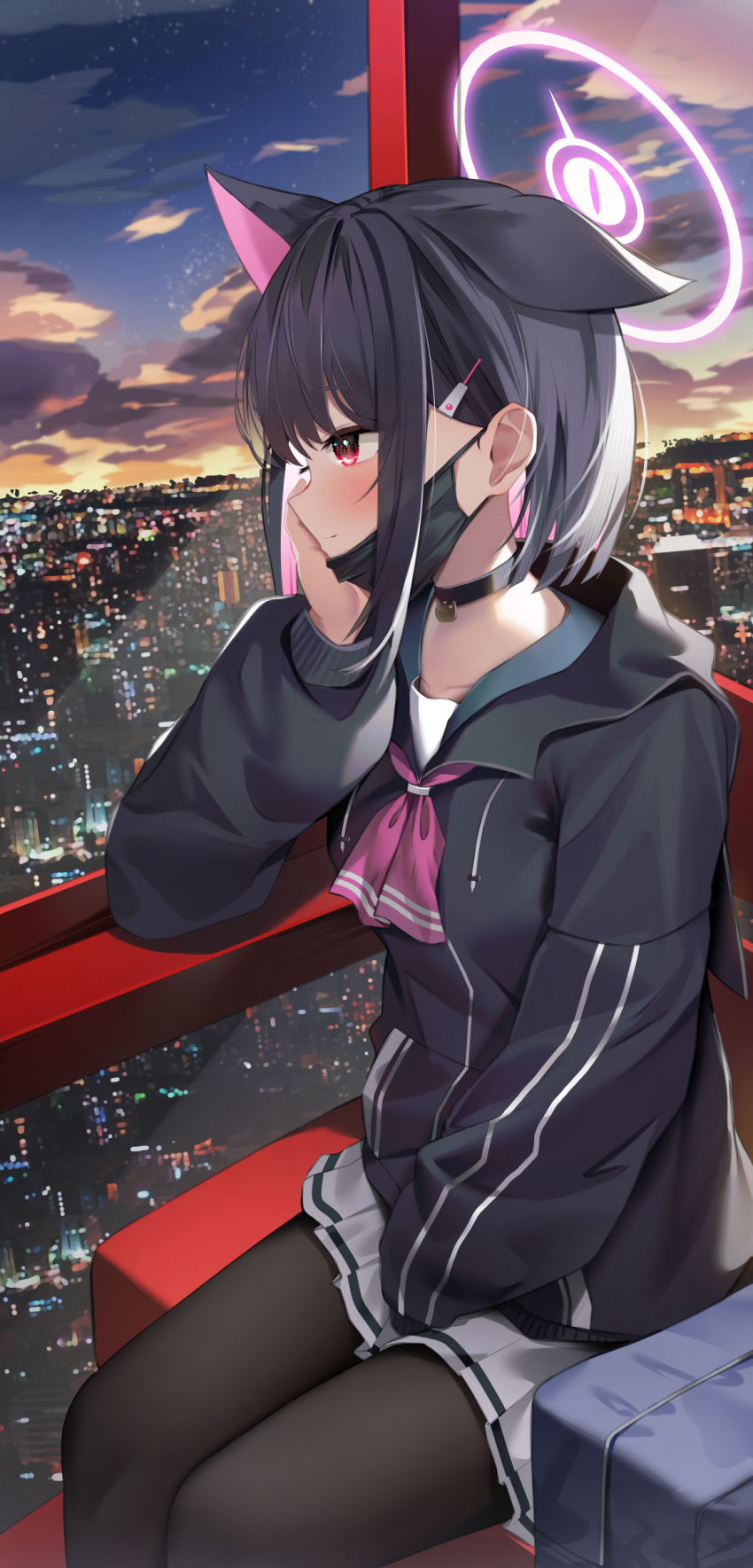 Safebooru - 1girl absurdres animal ears ascot black hair black jacket black mask black pantyhose ...