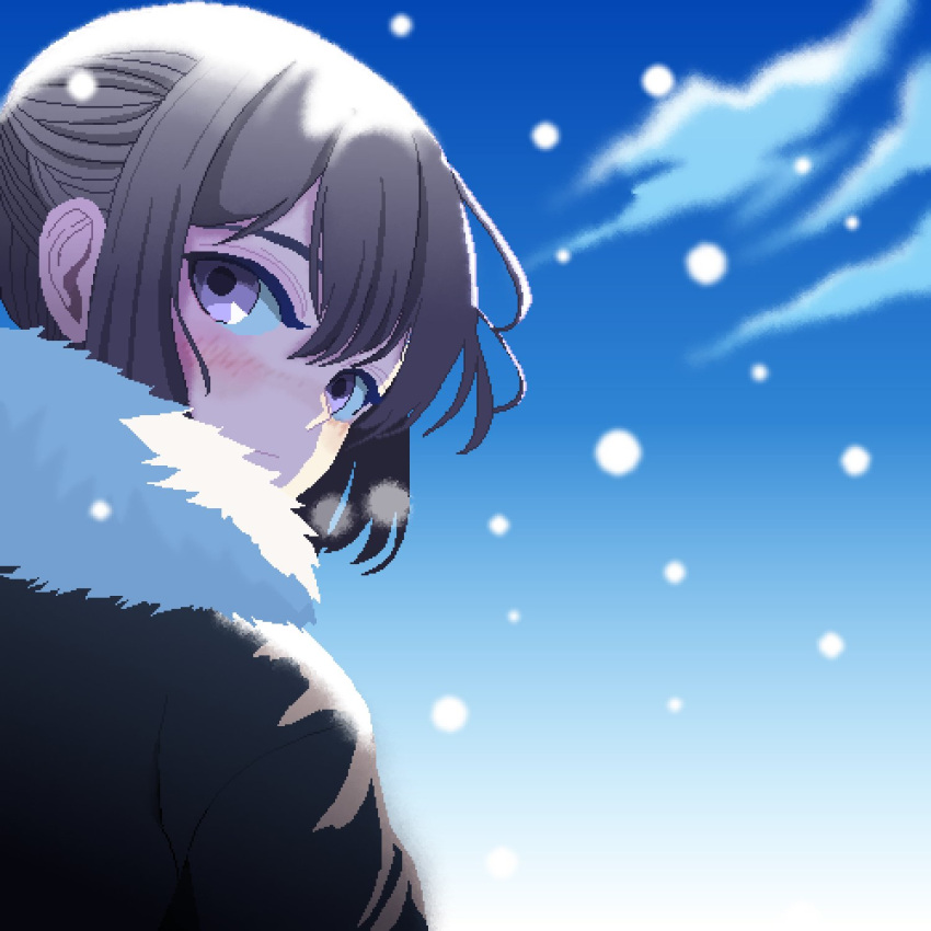 Safebooru - 1girl black jacket blue sky blush closed mouth clouds commentary fur-trimmed jacket ...