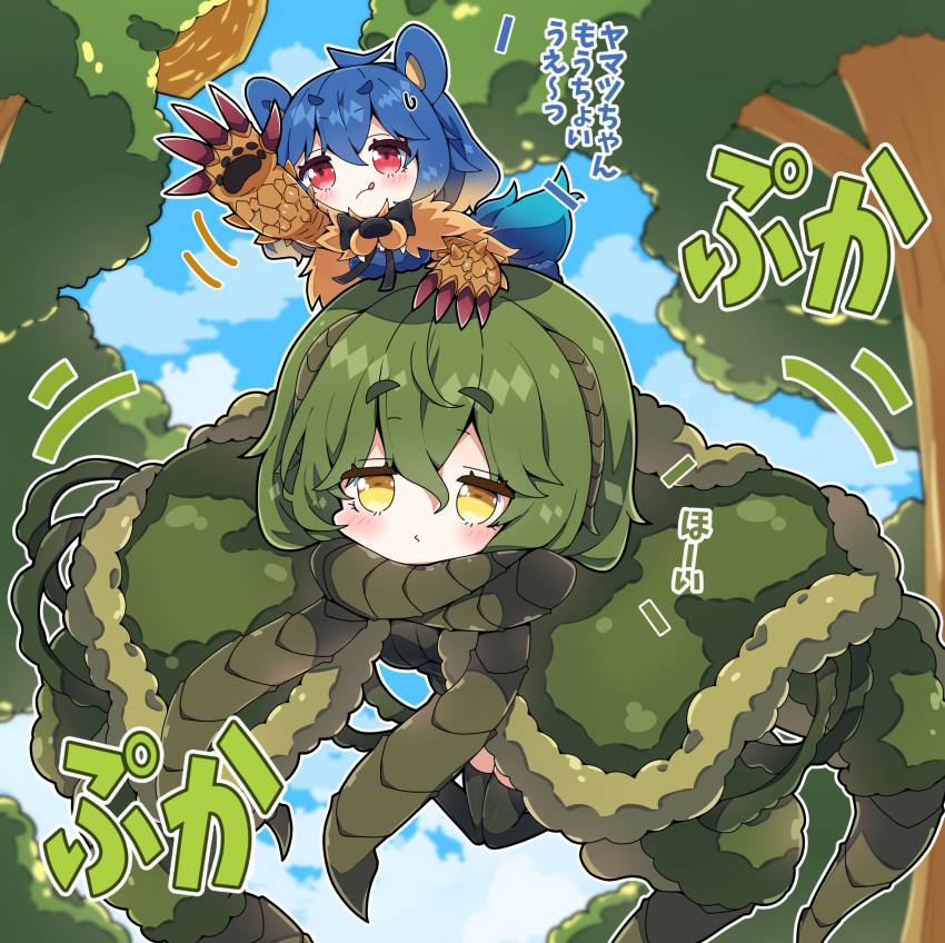 Safebooru - 2girls :p absurdres animal ears arzuros bear ears black bow black bowtie blue hair ...