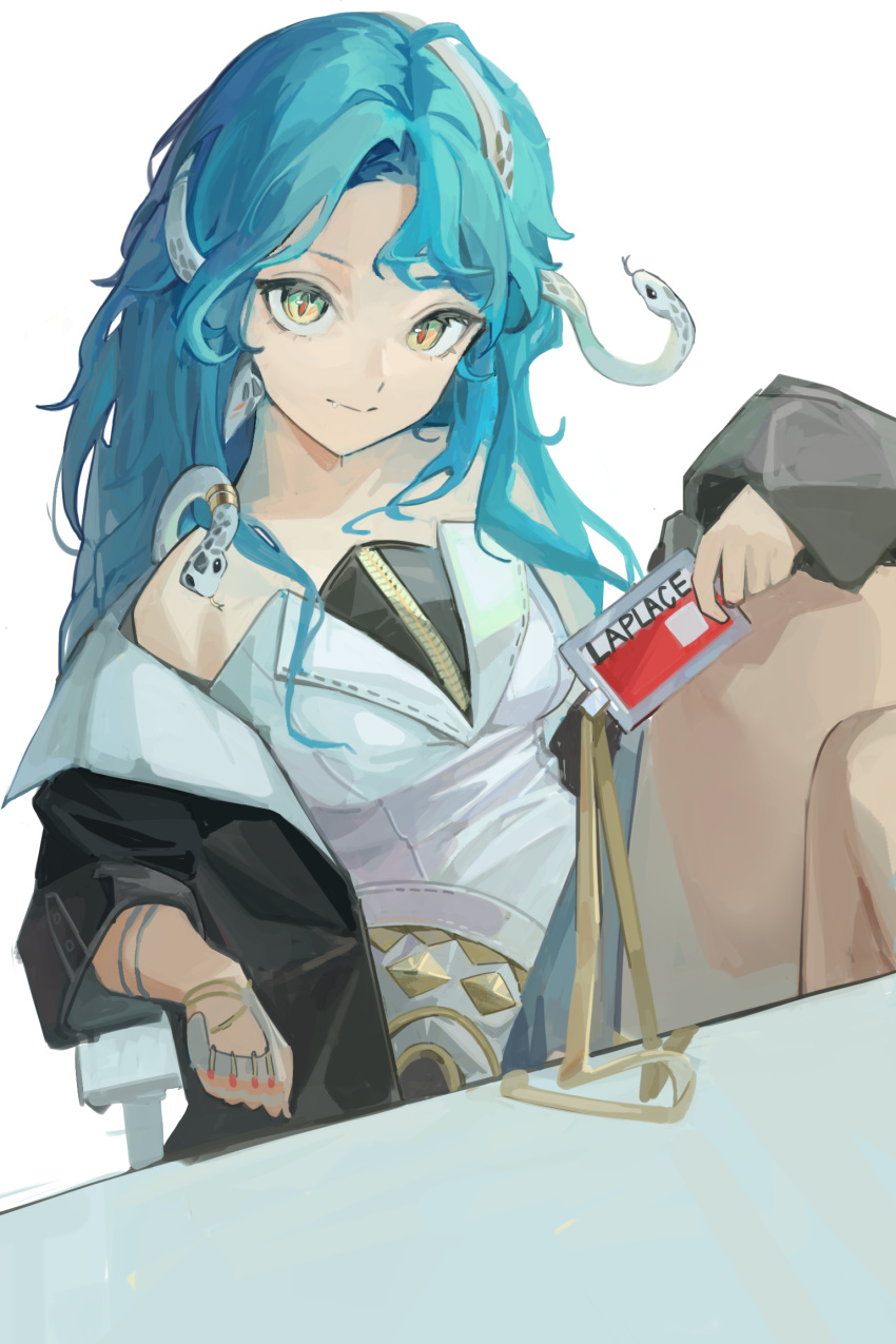Safebooru - 1girl bare shoulders black coat blue hair chair coat crossed legs ddul ...