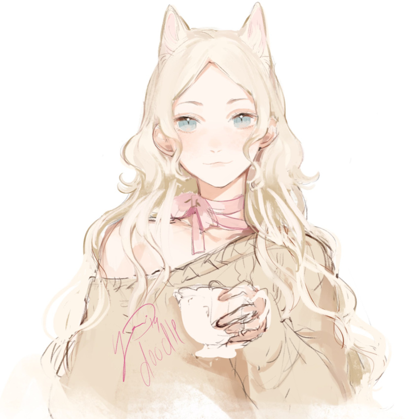Safebooru - 1girl :3 animal ears blonde hair blue eyes cat ears cup ...