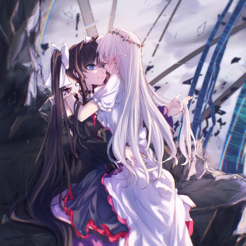 Safebooru - 2girls arcaea black choker black dress black hair blue eyes blush chinese commentary ...