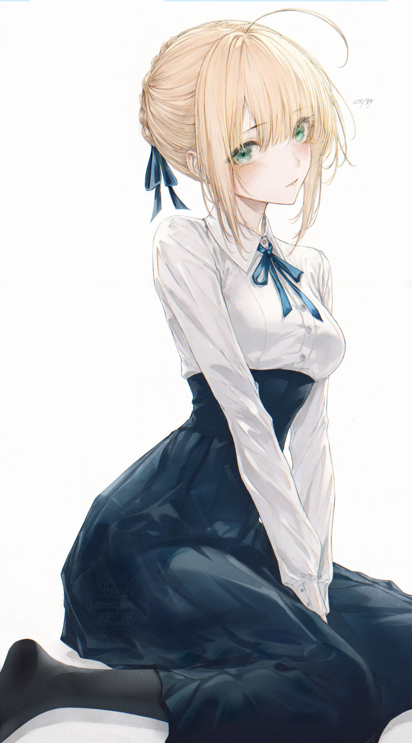 Safebooru - 1girl absurdres artoria pendragon (fate) black socks blonde hair blue ribbon blue ...