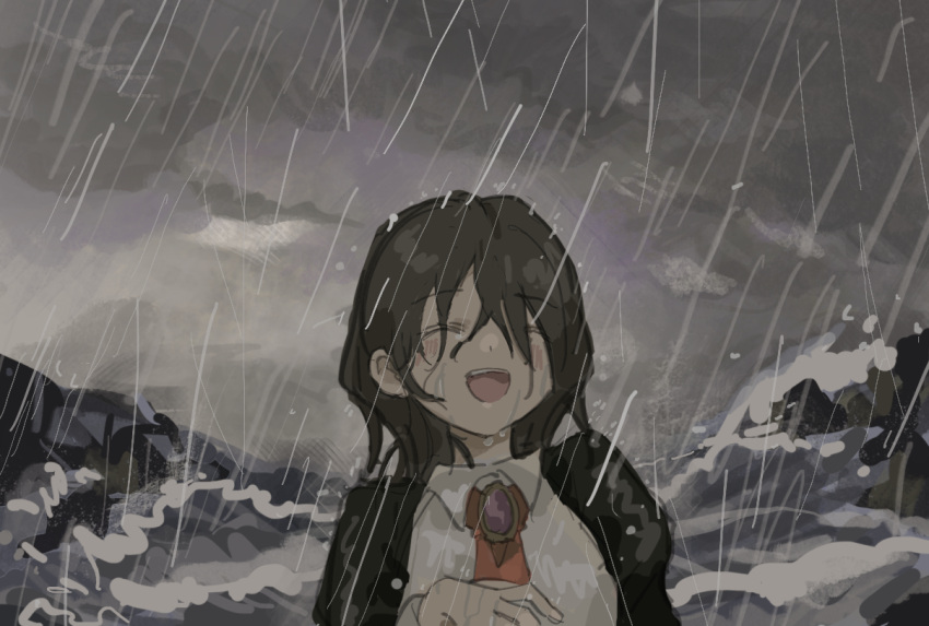 Safebooru - 1girl :d ascot black coat black jacket blush brooch brown hair closed eyes clouds ...