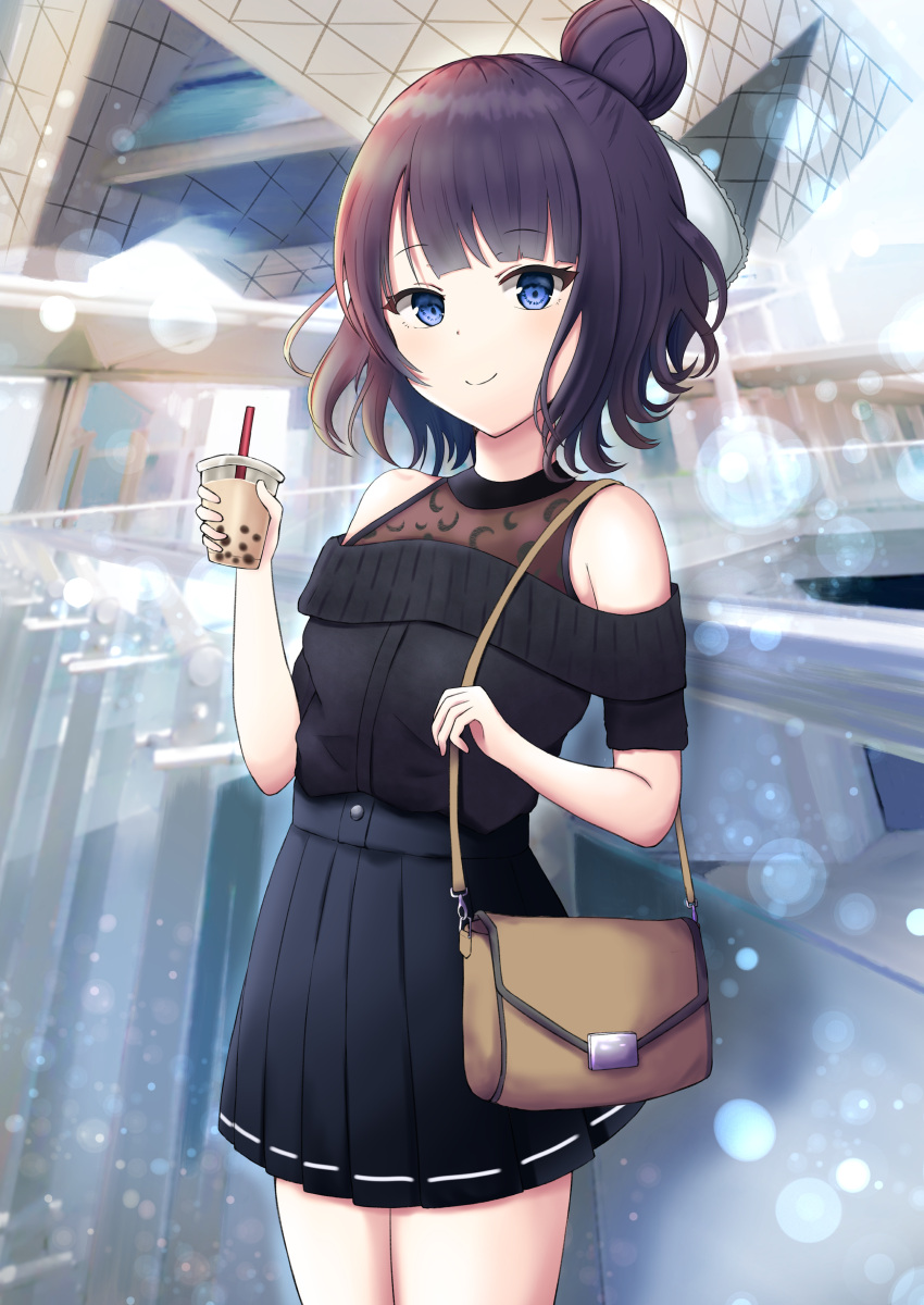 Safebooru - 1girl absurdres alternate costume bag bare shoulders black hair black sweater blue ...