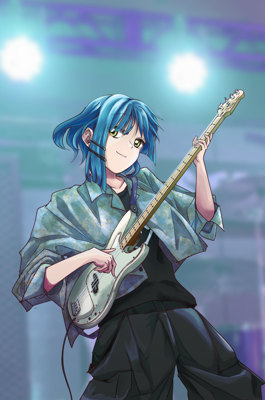 Safebooru - bass guitar black shirt blue hair bocchi the rock! collared ...