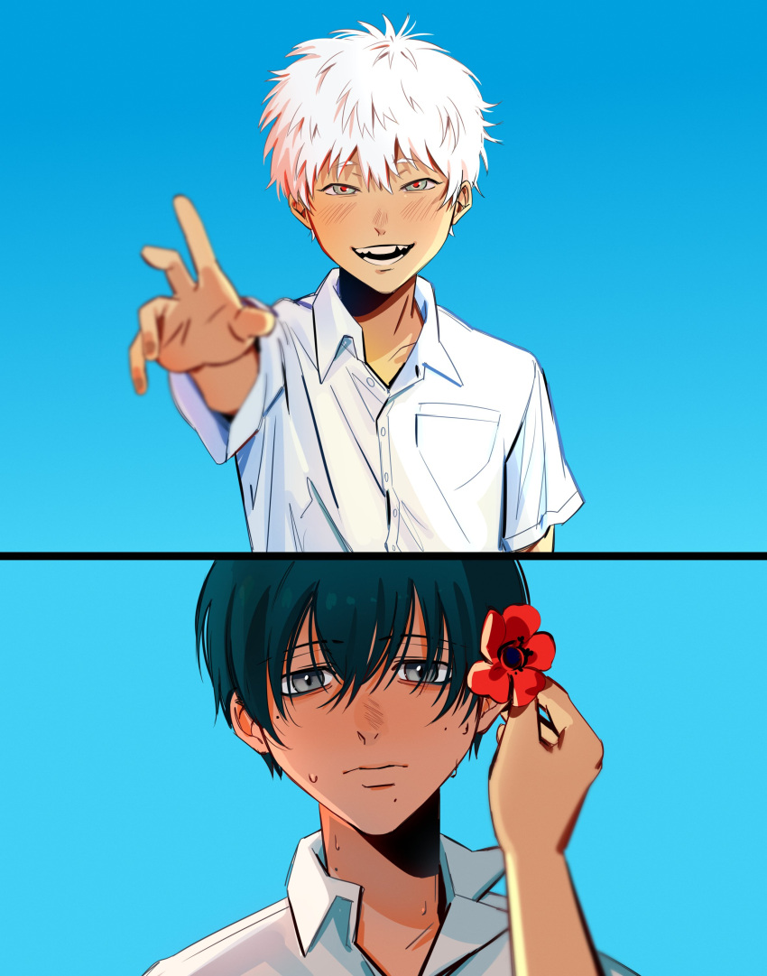 Safebooru - 2boys absurdres albino black hair blue background blurry ...