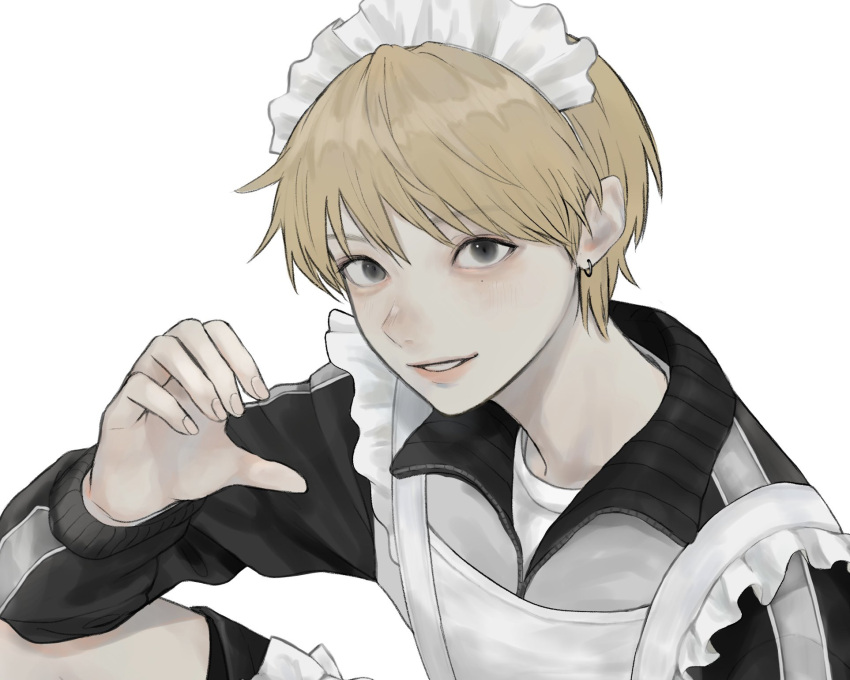 Safebooru - 1boy apron black jacket black pants blonde hair earrings ...