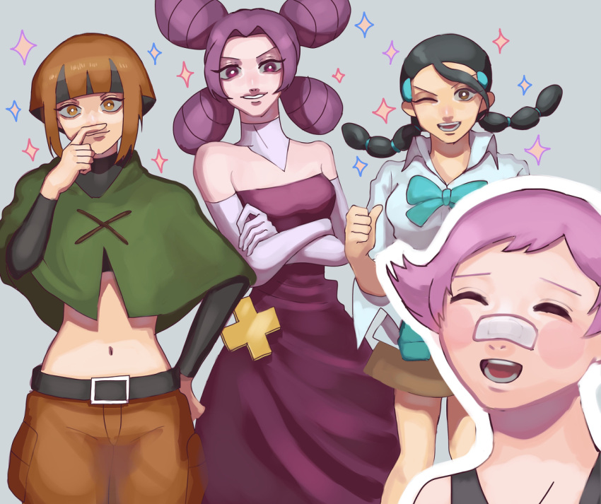 Safebooru 4girls Aiya Su Bandages Belt Black Hair Breasts Brown Eyes Candice Pokemon Crop