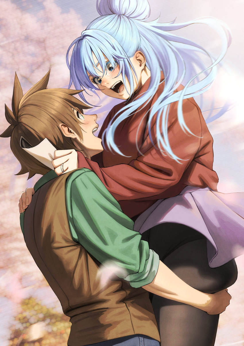 Safebooru - 1boy 1girl absurdres aqua (konosuba) blue eyes blue hair brown hair highres izawa ...