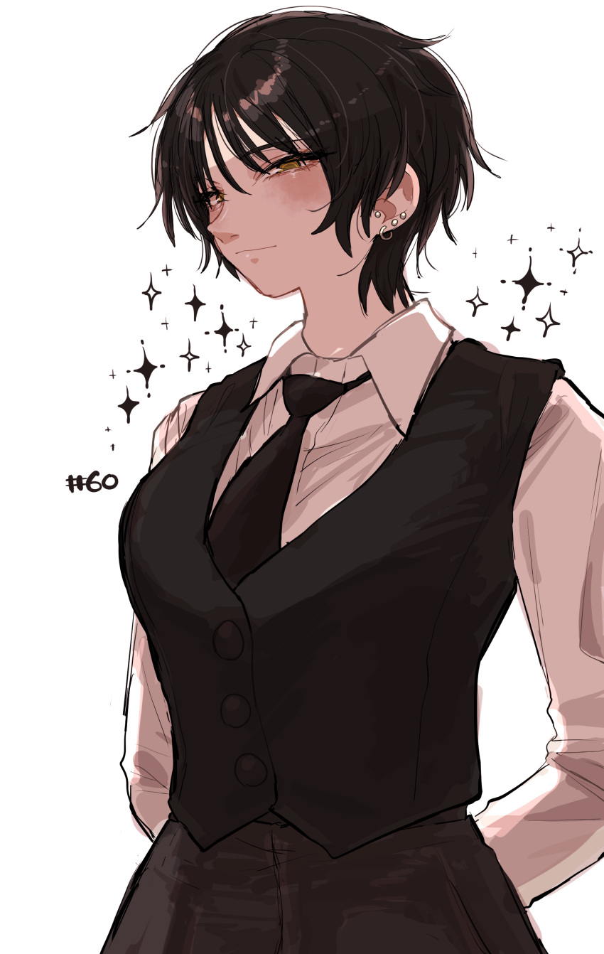 Safebooru - 1girl absurdres arms behind back black hair black necktie black vest brown eyes ...