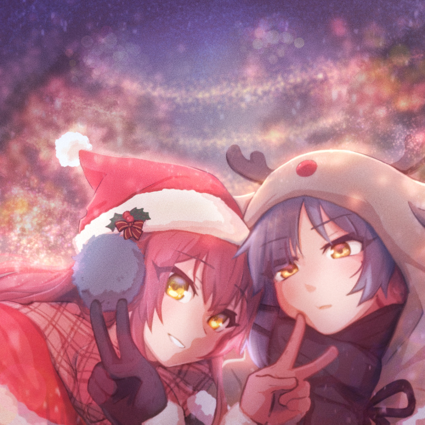 Safebooru - 2girls blue hair blush bow christmas deer antlers deer hat ...