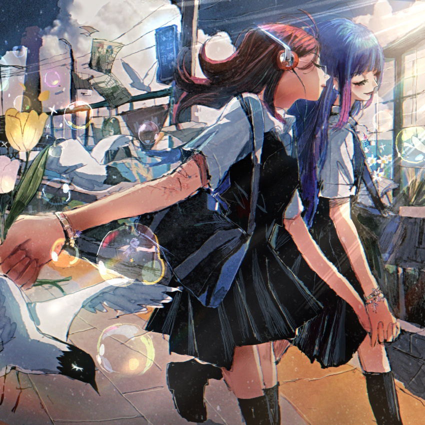 Safebooru - 2girls bag bird black bag black boots blue hair blunt bangs boots bracelet brown ...