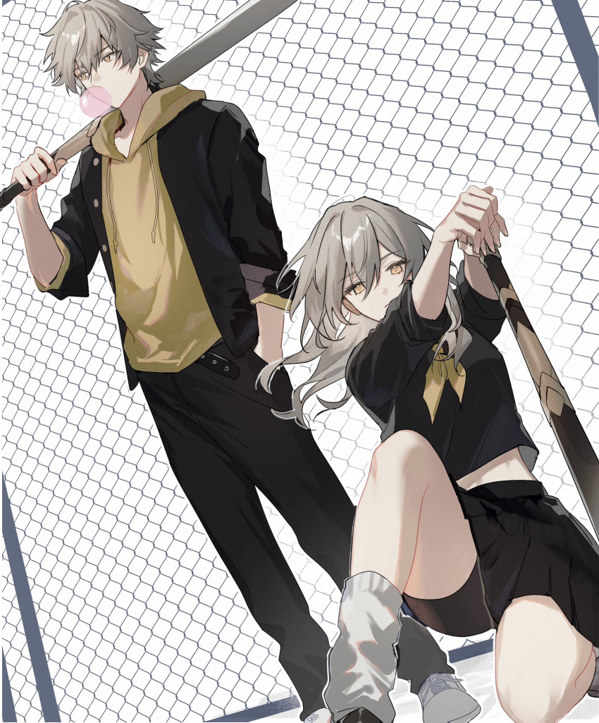 Safebooru - 1boy 1girl baseball bat black jacket black pants black serafuku black shoes black ...