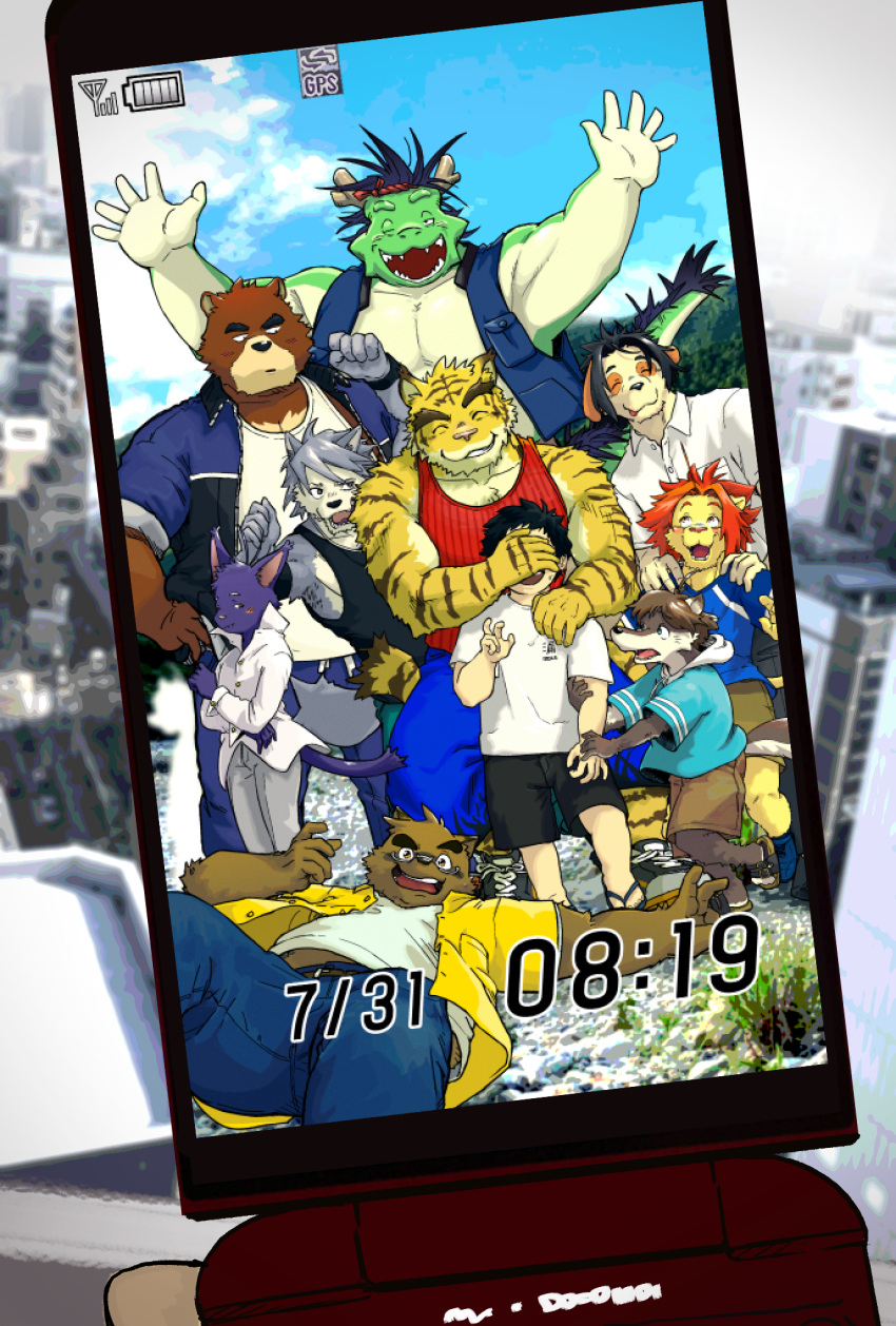 Safebooru - 6+boys battery indicator bear boy blue sky brown fur cat ...